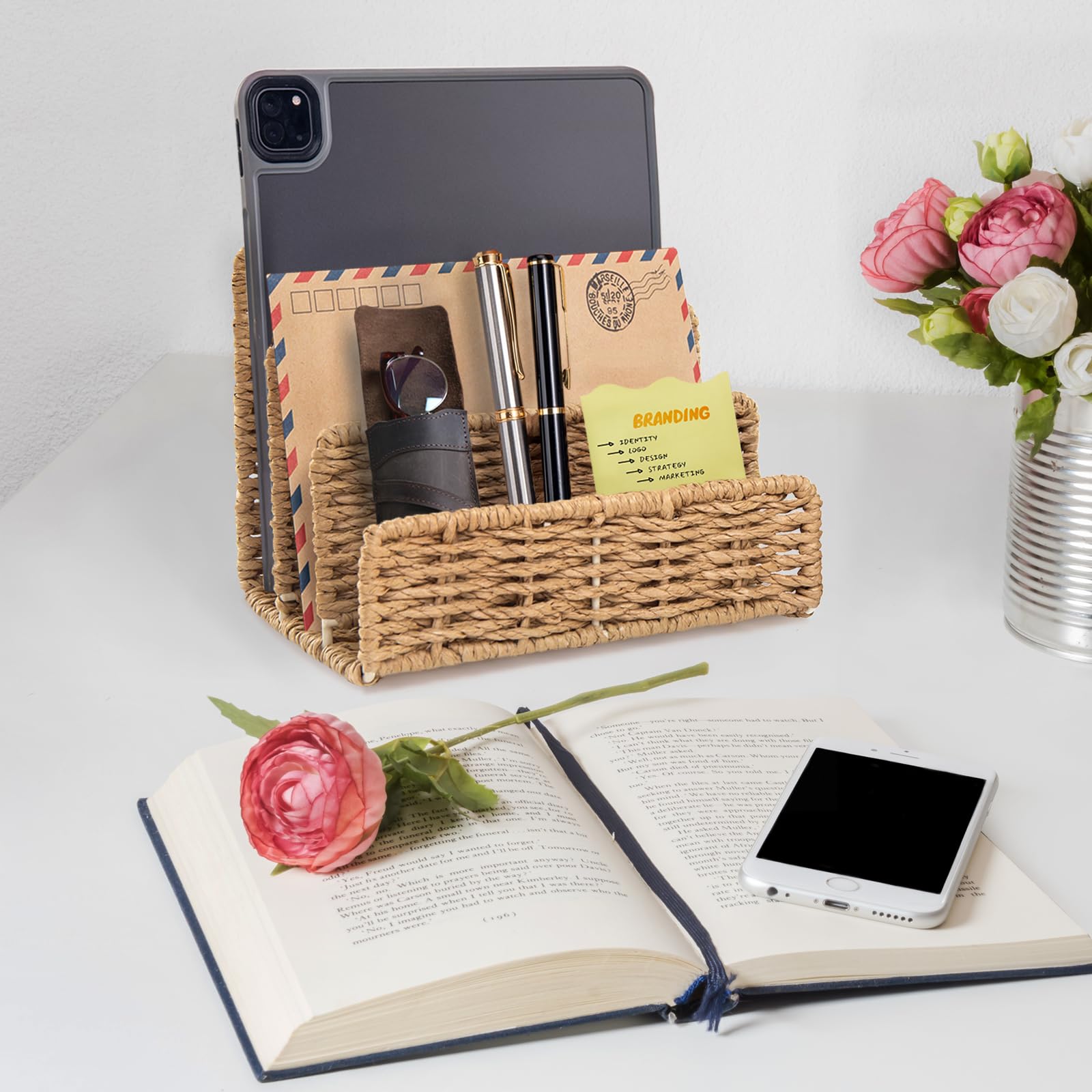 DINGTAI Woven Desktop Mail Organizer, Small File Letter Holder Sorter, Envelope Holder for Desk, Desk File Mail Organizer Countertop for Document Letter Envelope Mail Paper Bill Filing (2)