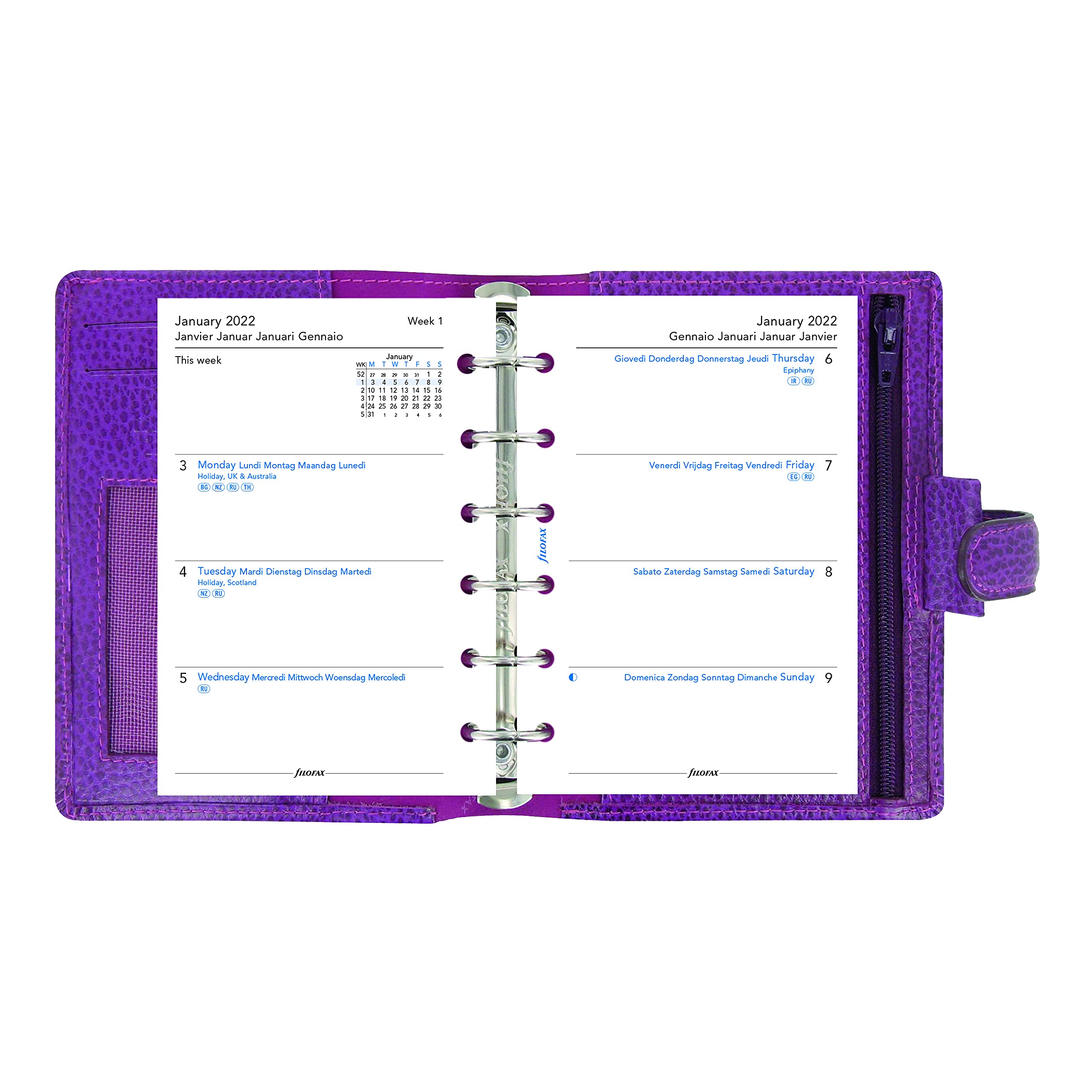 Filofax Finsbury Organizer, Pocket Size, Raspberry - Traditional Grained Leather, Six Rings, Week-to-View Calendar Diary, Multilingual, 2022 (C025342-22)