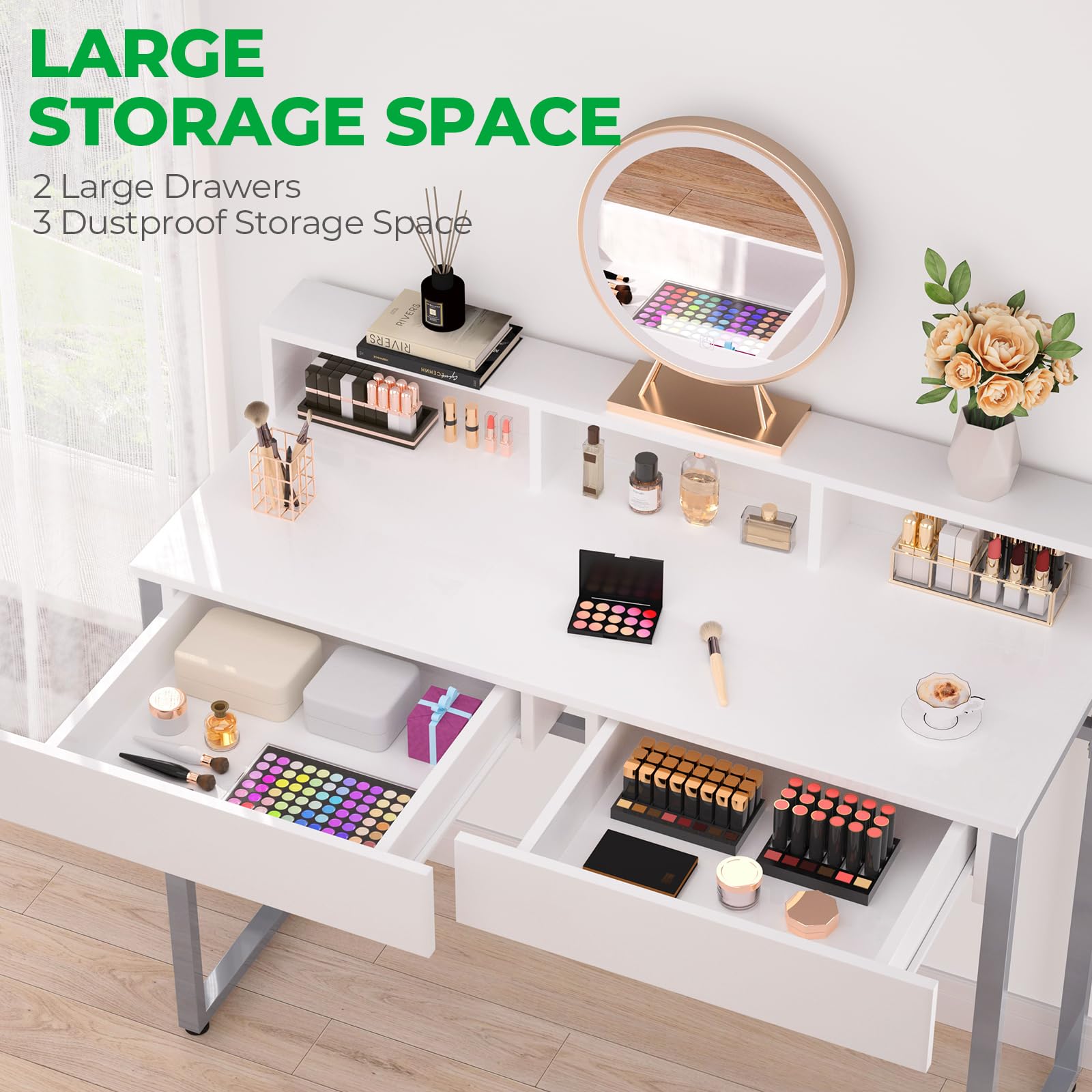 GreenForest Vanity Desk with 2 Drawers, White Makeup Desk with 3 Storage Spaces, 31.5 inch Small Desk with Silver Metal Legs, Modern Home Office Desk for Kids, Bedroom (No Mirror)