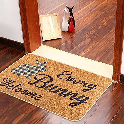 GROBRO7 Easter Door Mat Linen Checkered White and Black Rabbit Carpet Rubber Non-Slip Reusable Entrance Rug Every Bunny Welcome Doormat Gift Decoration Home Decor Indoor Outdoor Mats 22.8’’ x 14.9’’