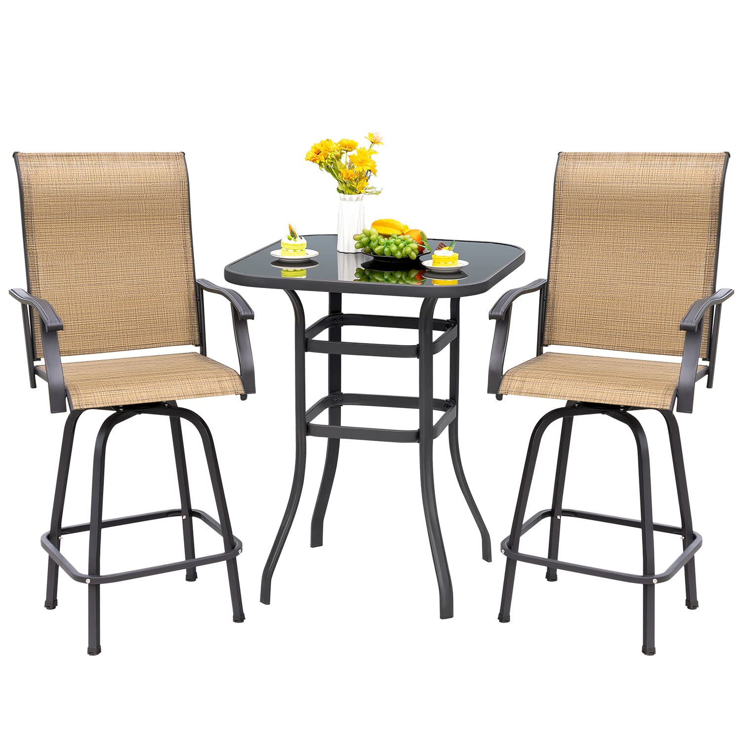 Devoko Patio Swivel Bar Set 3 Pieces Patio High Top Bar Table and Stools Chairs Set Textilene Sling Fabric Outdoor Bar Stools Set of 2 for Garden, Balcony