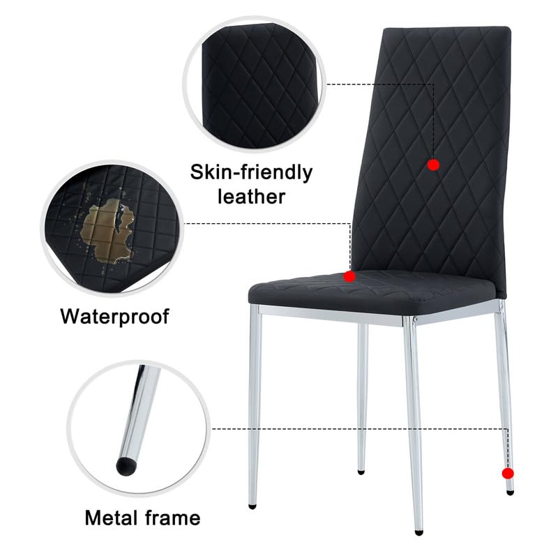 Dining Chairs Set of 4, Upholstered Dining Room Chairs with High Backrest and Silver Metal Legs, Modern Leather Armless Kitchen Chairs for Living Room, Dining Room, Restaurants, Bedroom, White