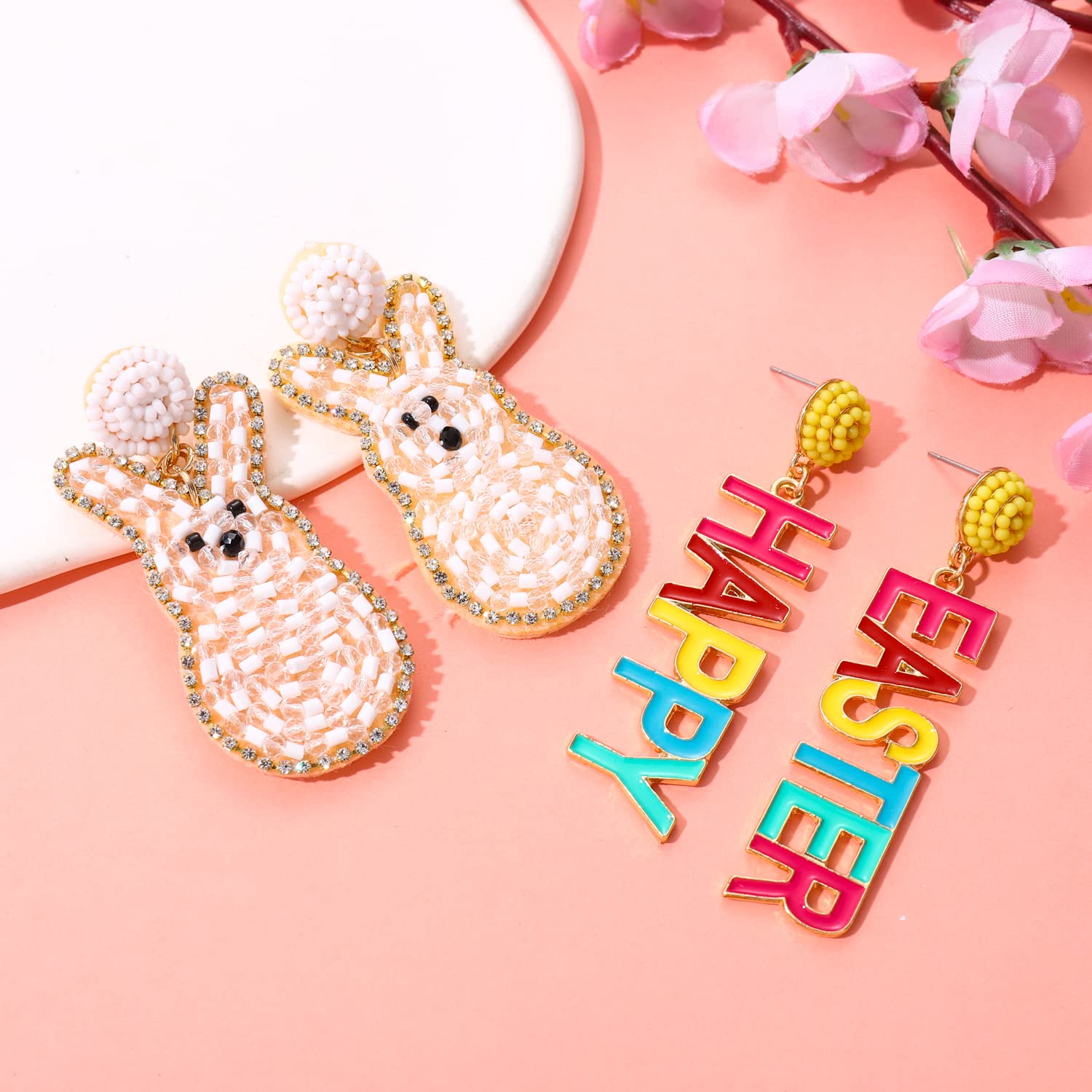 Easter Earrings Beaded Bunny Egg Letter Dangle Earrings for Women Cute Pom Pom Rabbit Holiday Earrings Festive Jewelry Party Gifts (Easter Bunny)