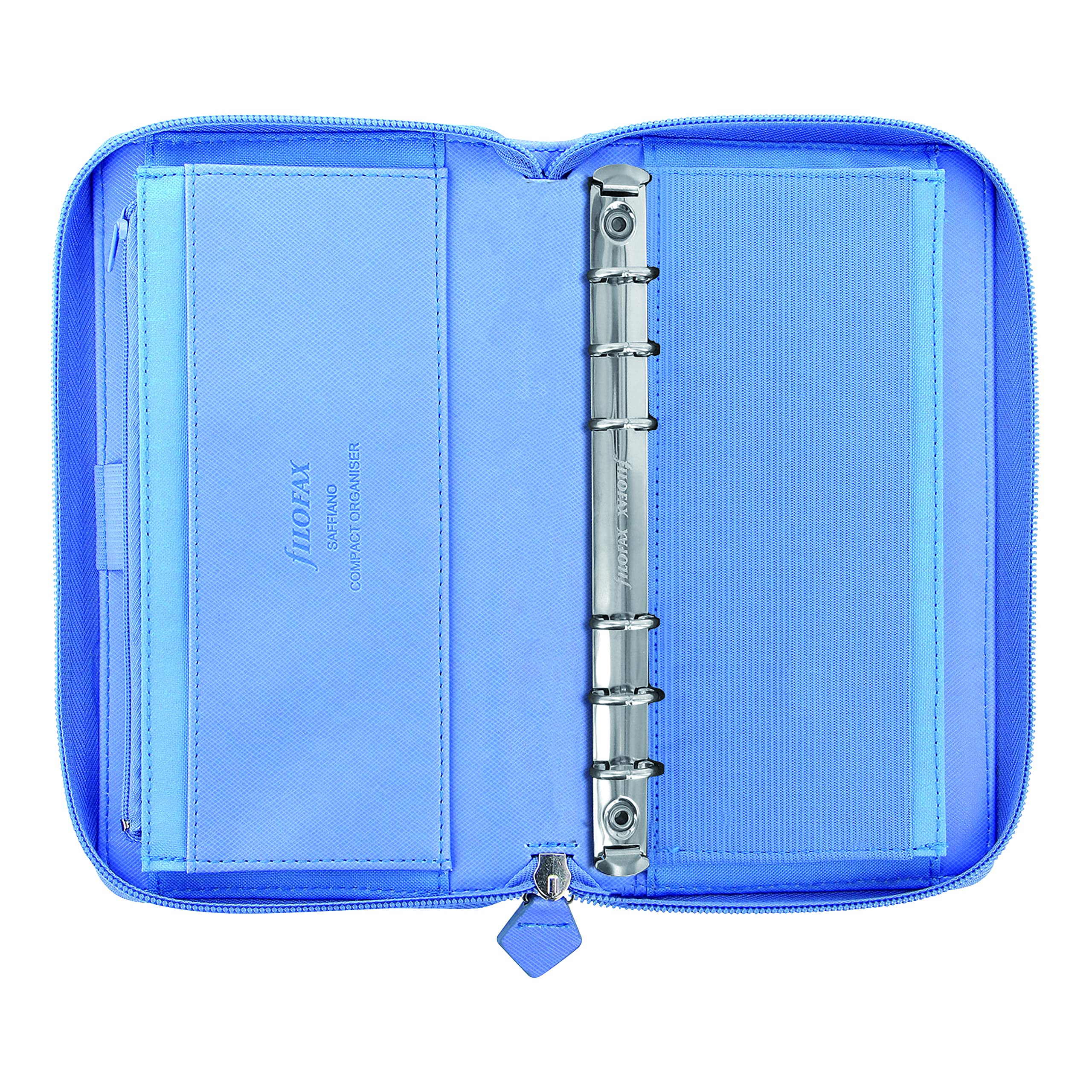 Filofax Saffiano Zip Organizer, Personal Compact Size, Vista Blue - Cross-Grain, Leather-Look, Six Rings, Week-to-View Calendar Diary, Multilingual, 2022 (C022592-22)