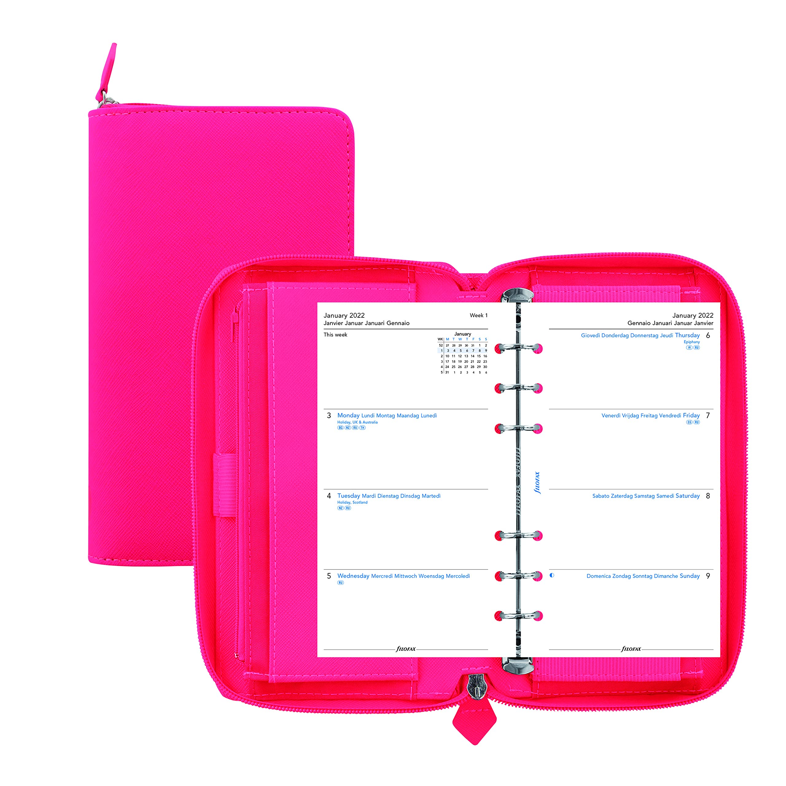Filofax Saffiano Fluoro Zip Organizer, Personal Compact Size, Fluoro Pink - Cross-Grain, Leather-Look, Six Rings, Week-to-View Calendar Diary, Multilingual, 2022 (C028751-22)