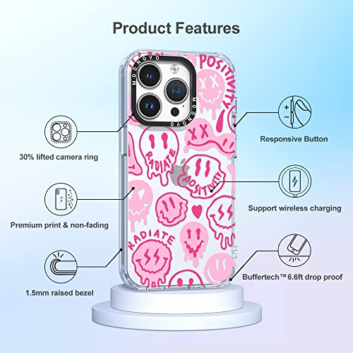 MOSNOVO Compatible with iPhone 14 Pro Case, [Buffertech 6.6 ft Drop Impact] [Anti Peel Off Tech] Clear TPU Bumper Phone Case Cover Pink Smiles Positivity Radiate Face Designed for iPhone 14 Pro 6.1"