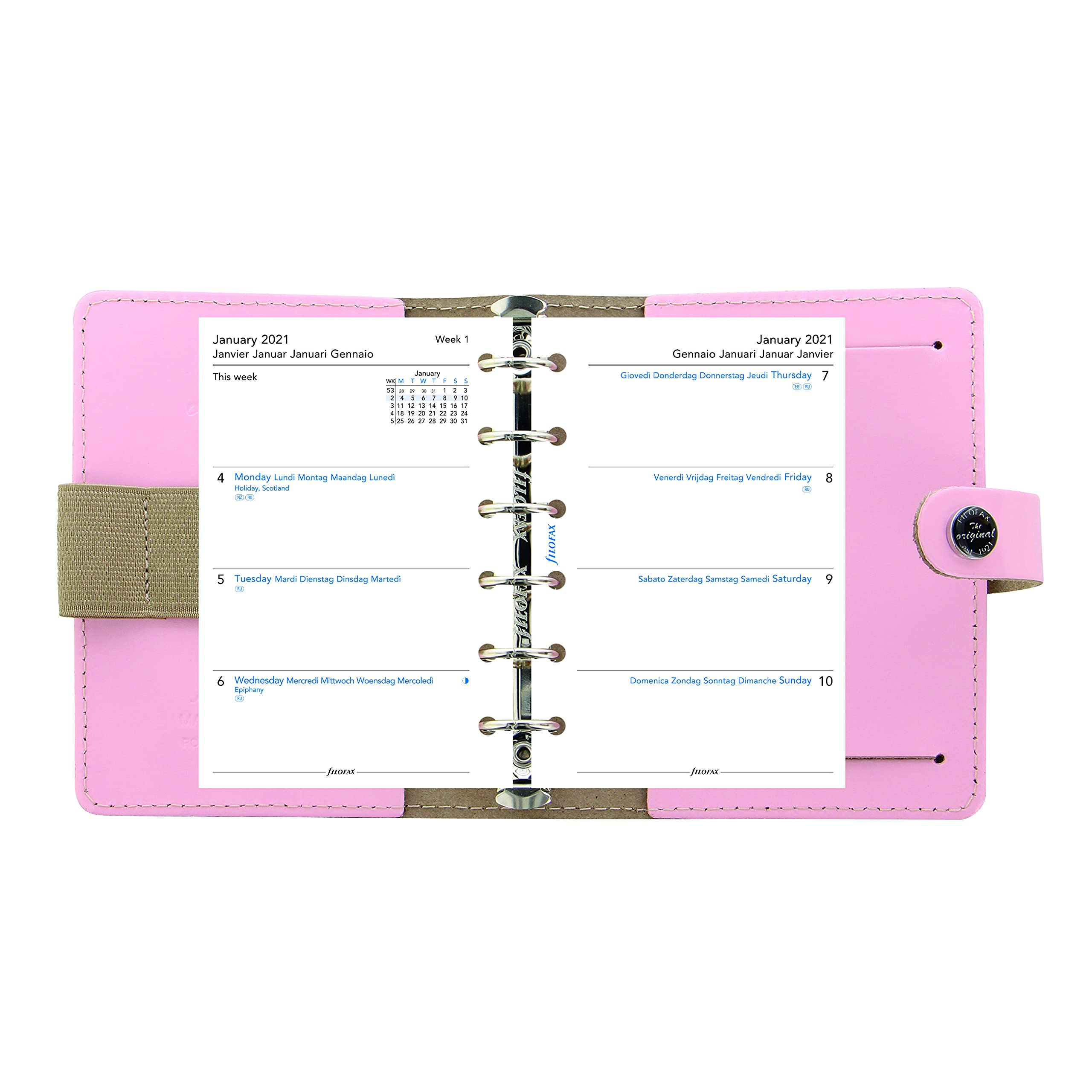 Filofax The Original Organizer, Pocket Size, Patent Rose - Leather, Six Rings, Week-to-View Calendar Diary, Multilingual, 2022 (C026081-22)