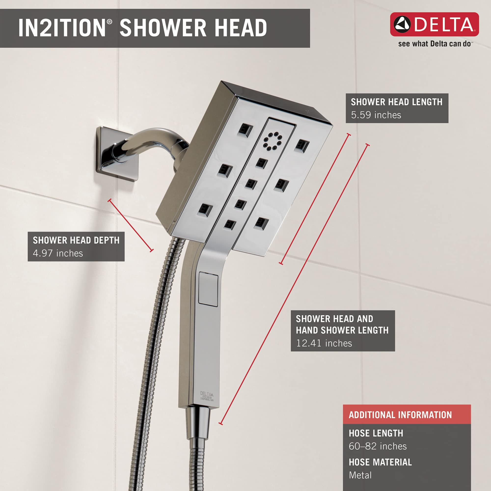 Delta Faucet 4-Spray Touch-Clean H2Okinetic In2ition 2-in-1 Dual Hand Held Shower Head with Hose and Magnetic Docking, Stainless 58473-SS