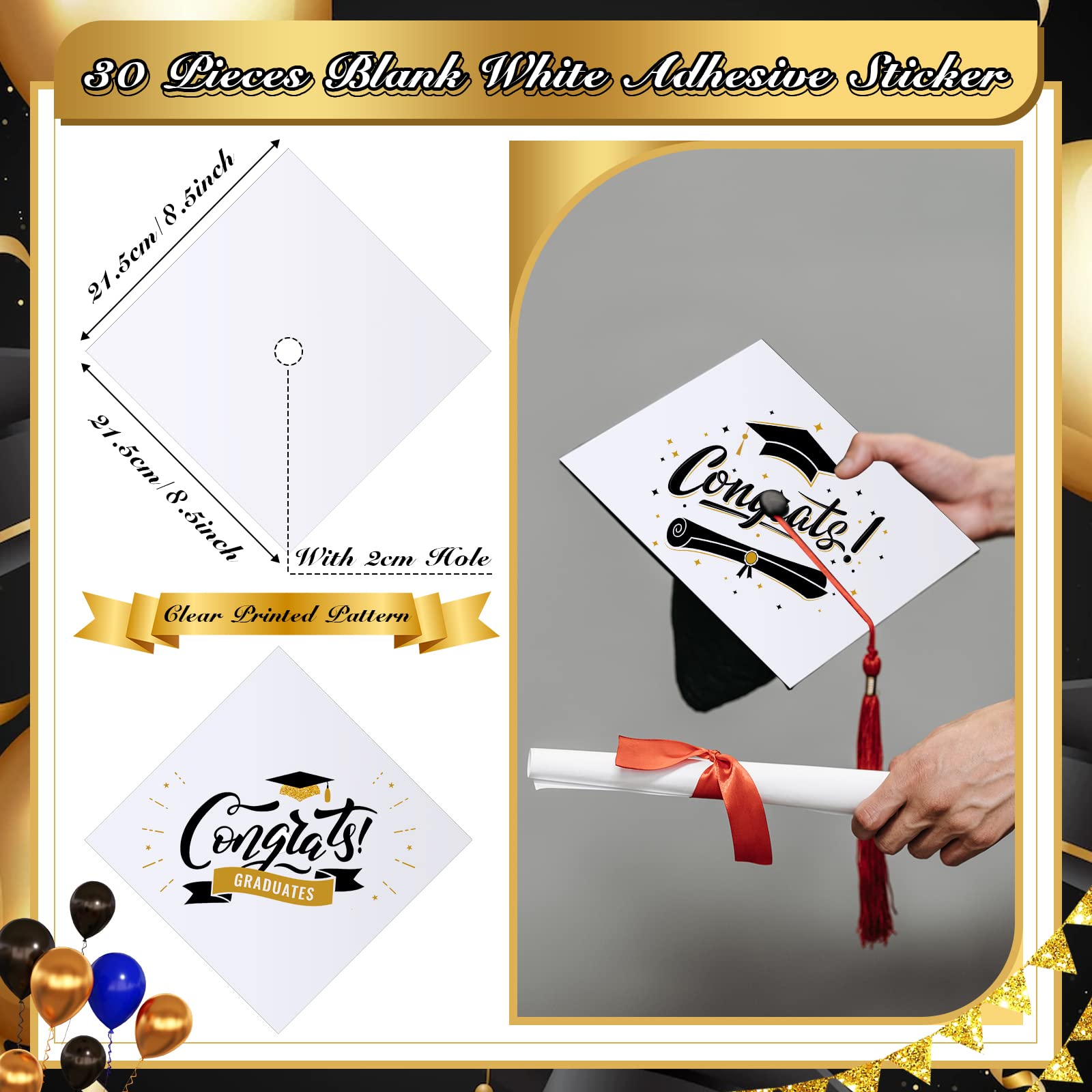 Graduation Cap Topper Blank Sublimation Graduation Cap Topper Sticker White Adhesive Grad Hat Decoration Blank Grad Cap Decals Printable with Inkjet or Laser Printers for Graduation Party (30 Pcs)