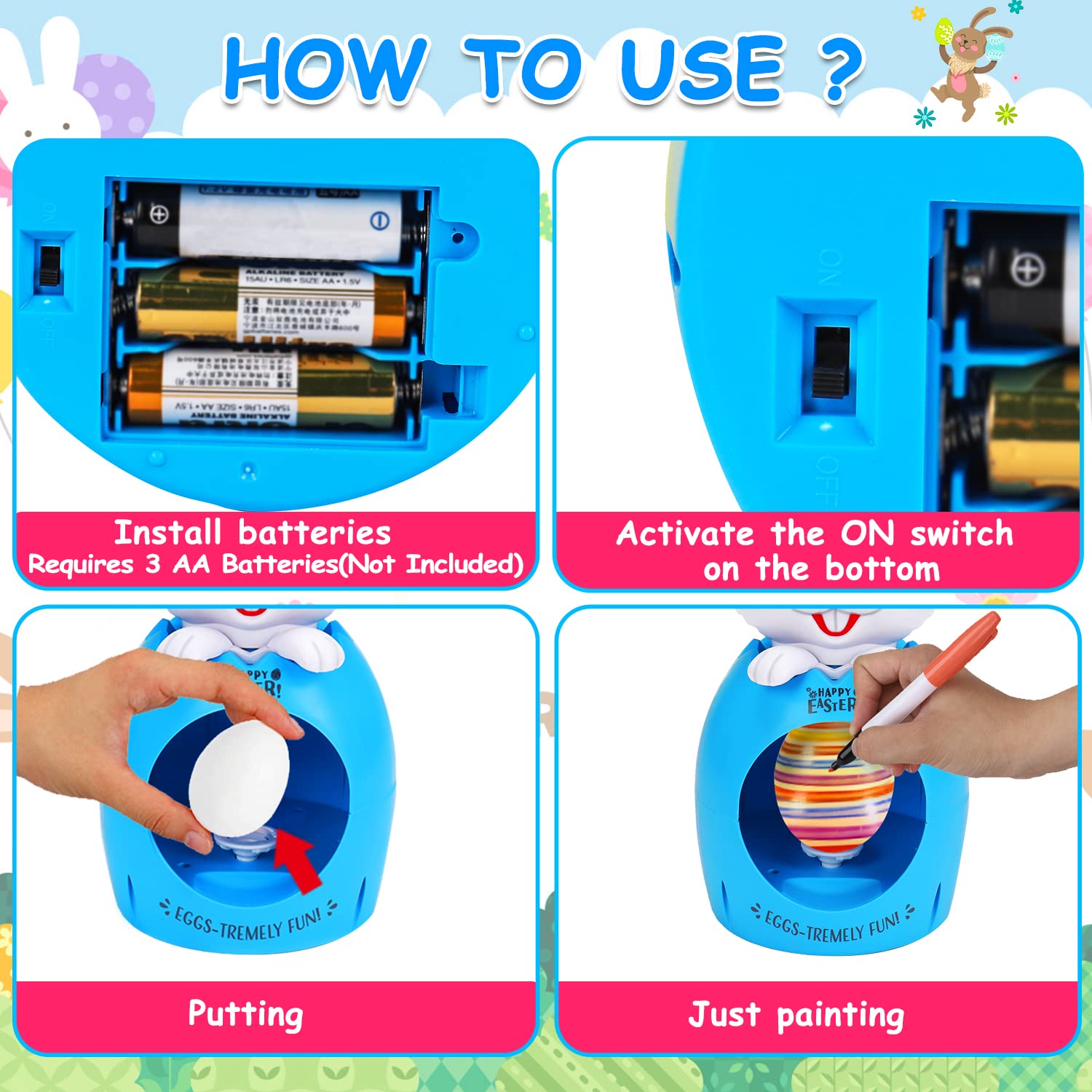 Easter Egg Decorating kit, Bunny Spinner Decorating Machine Easter Basket Stuffer Egg Fillers for Toddlers Easter Pinata Gifts Dye Craft Set with 8 Dying Marker 10 Plastic Eggs Hunt for Kids Boy Girl
