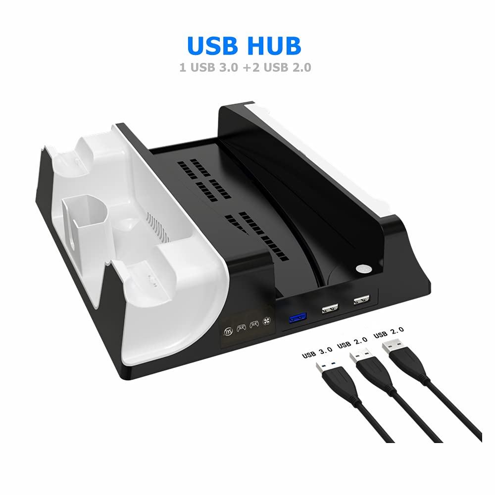 EJGAME Stand with Suction Cooling Fan and Dual Controller Charger Station Compatible with PS5 Console and PS5 Digital Edition, Built-in Headset Holder,Media Remote Stand and14 Game Rack Organizer