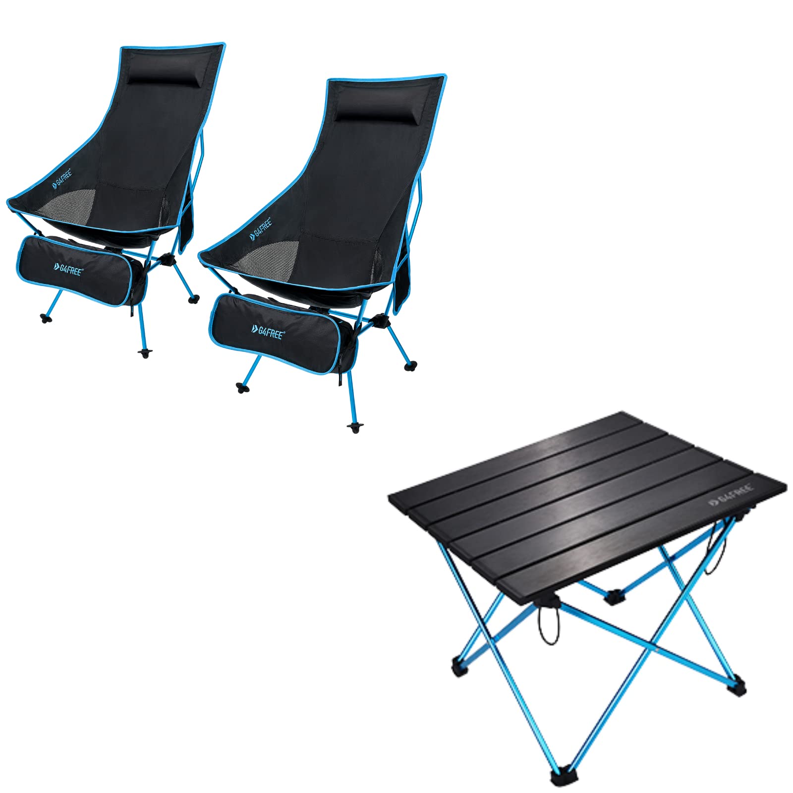 G4Free 2Pcs Lightweight Portable High Back Camp Chair Portable Camping Table with Aluminum Table