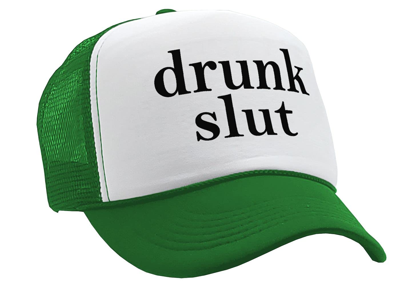 Drunk Slut - Party frat College Beer Drink - Vintage Retro Style Trucker Cap Hat (Green)