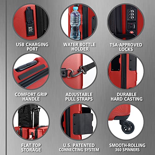 Tach V3 3-Piece Hardcase Connectable Luggage & Carryon Travel Bag Set | Rolling Suitcase with Patented Built-In Connecting System | Easily Link & Carry 9 Bags At Once (wine red)