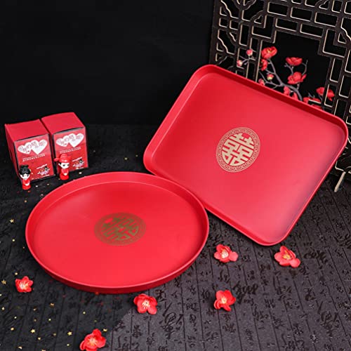 jojofuny Chinese Wedding Serving Tray Platter: Red Fruit Plate Round Tea Tray Large Plastic Snack Dishes for Chinese Traditional Wedding Decoration Supplies