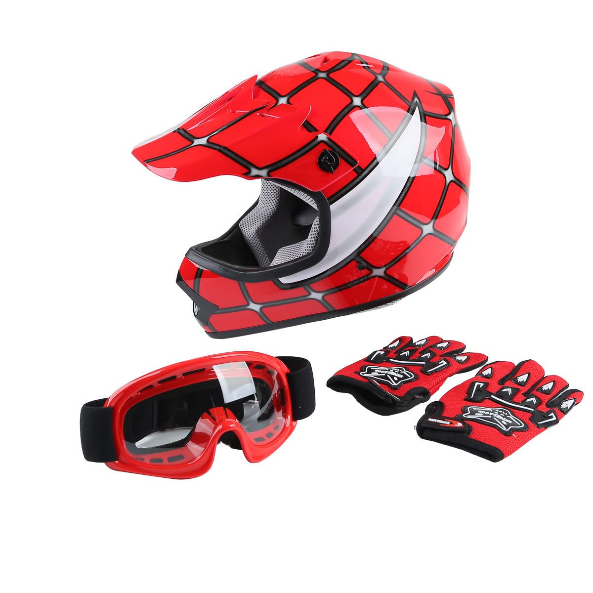 XFMT DOT Youth Kids Motocross Offroad Street Dirt Bike Helmet Youth Motorcycle ATV Helmet with Goggles Gloves Red Spider L