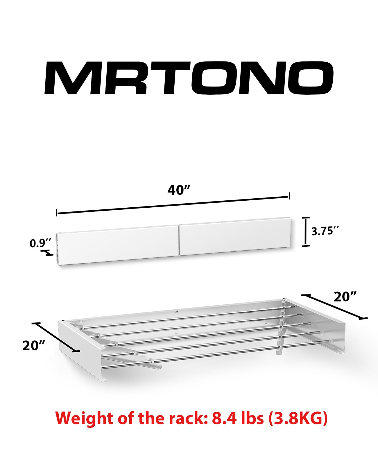 MrToNo Laundry Drying Rack Collapsible, Wall Mounted Drying Rack, Clothes Drying Rack, Retractable Drying Rack,13.2 Linear Ft, 5 Aluminum Rods, 60 lb Capacity (White, 40'')