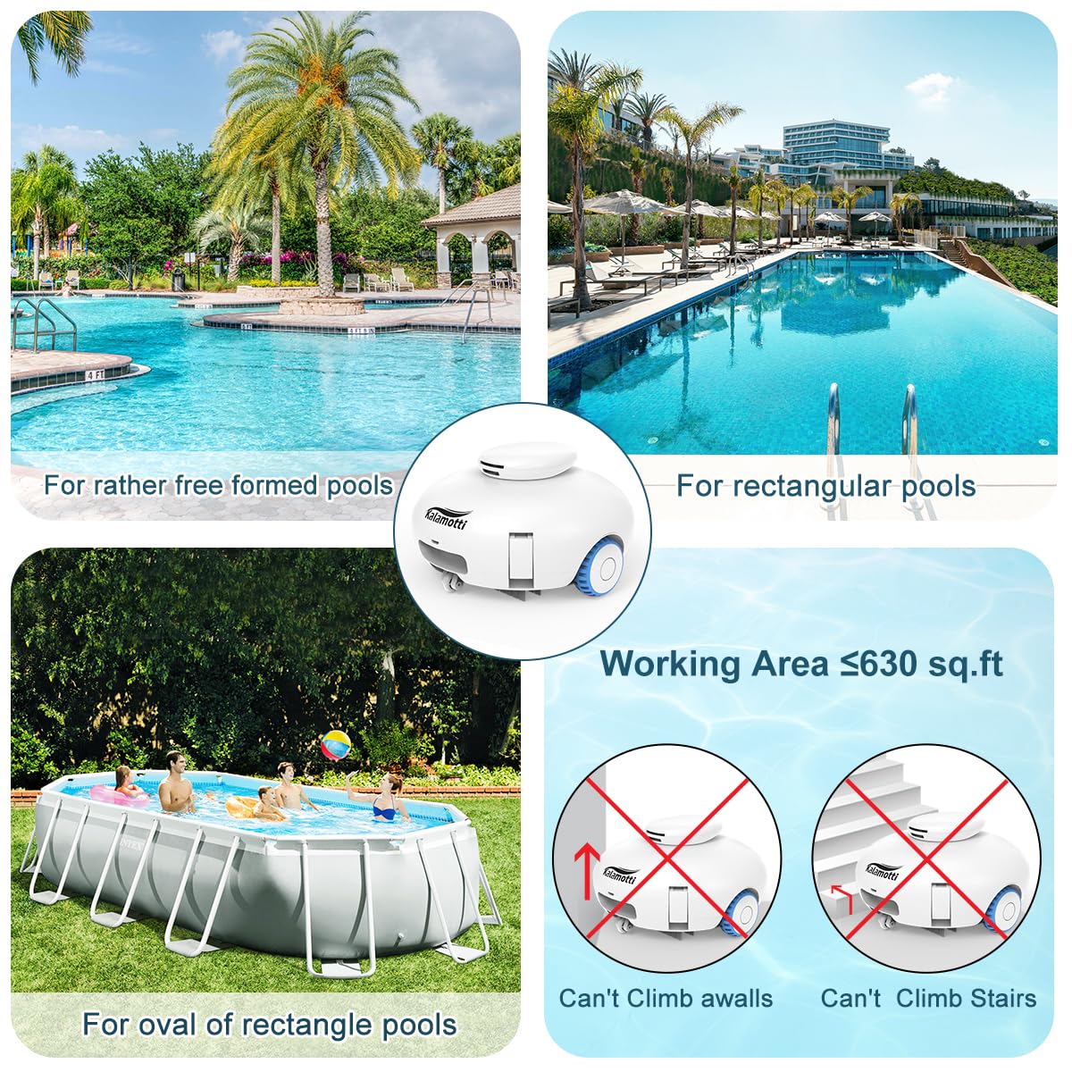 Cordless Robotic Pool Cleaner - Pool Vacuum for above Ground Pools Powerful Suction Rechargeable Battery, Lasts 140 Mins, Built-in Water Sensor Technology for Pool Surface Up to 630 Sq.Ft