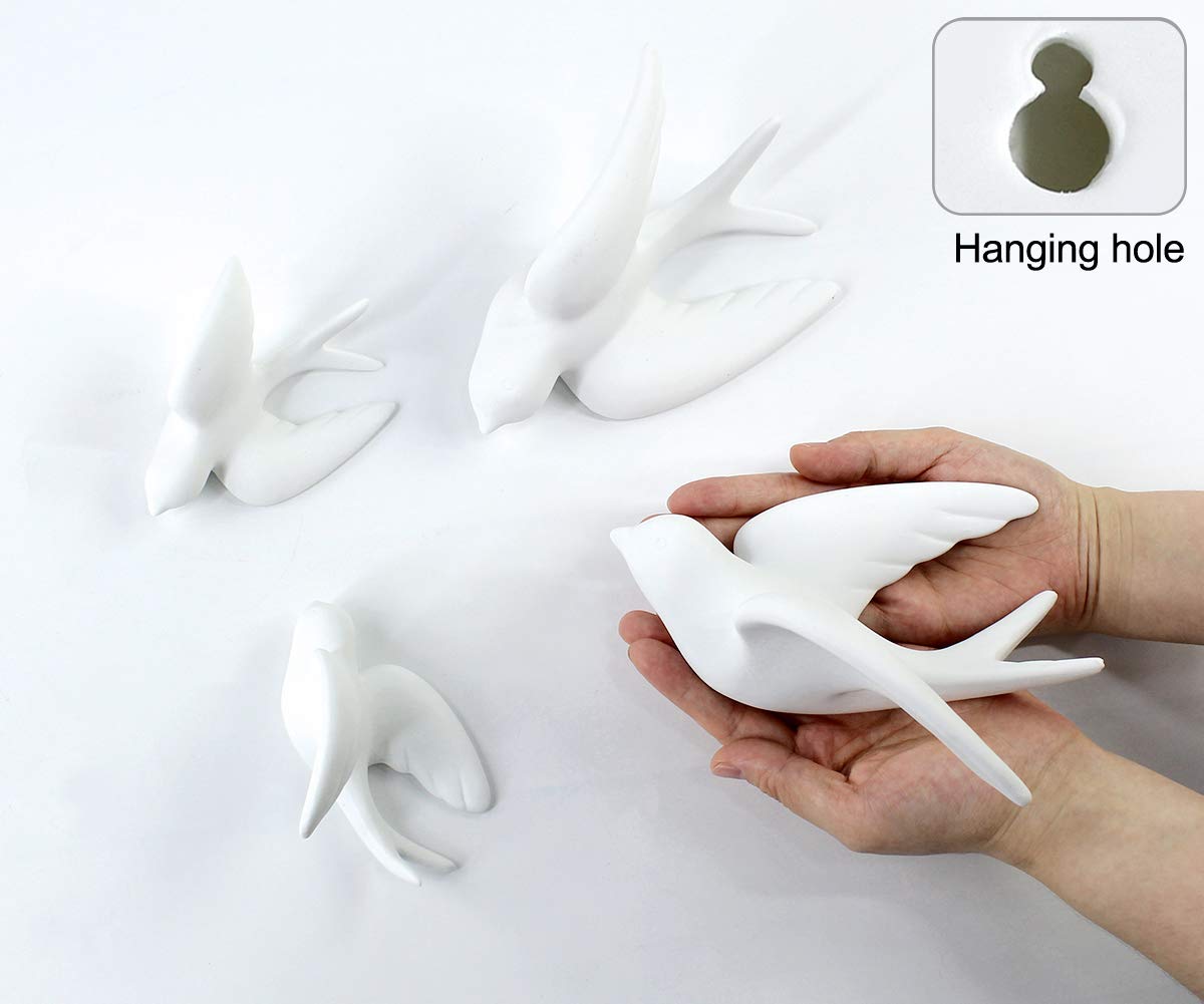 FANWNKI Ceramic Flying Birds Sparrows Wall Mount Hanging Decor-White-2Pack,Left
