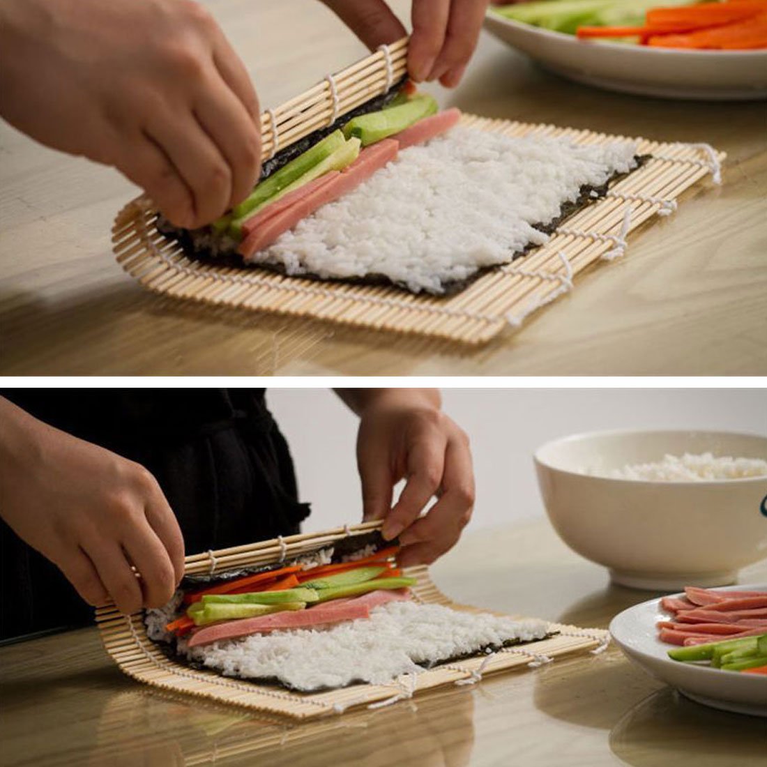 GARASANI 2 Pack Bamboo Gimbap Sushi Making Kit, 2 x Natural Bamboo Mat, 1 x Cooking Brush, 9.4" x 9.4" (Beige)