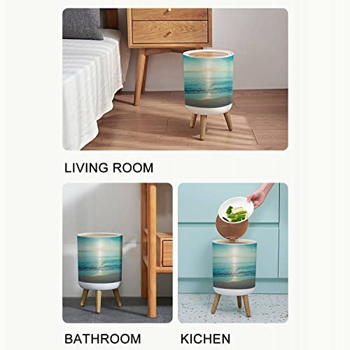 IBPNKFAZ89 Small Trash Can with Lid Beautiful Silhouette Sunset at Tropical sea Garbage Bin Wood Waste Bin Press Cover Round Wastebasket for Bathroom Bedroom Kitchen 7L/1.8 Gallon