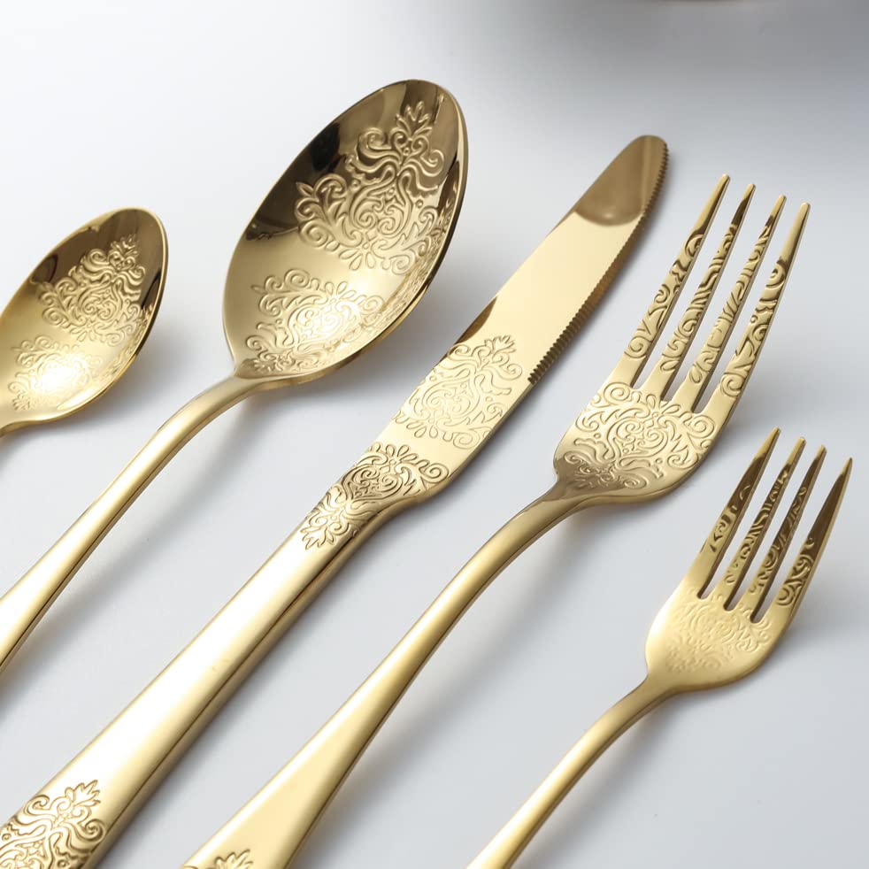 Gold Silverware Set of 20 Stainless Steel Flatware Set Cutlery Set Service for 4 Eating Utensil Tableware Sets Include Knives Forks Spoons for Kitchen Home Restaurant