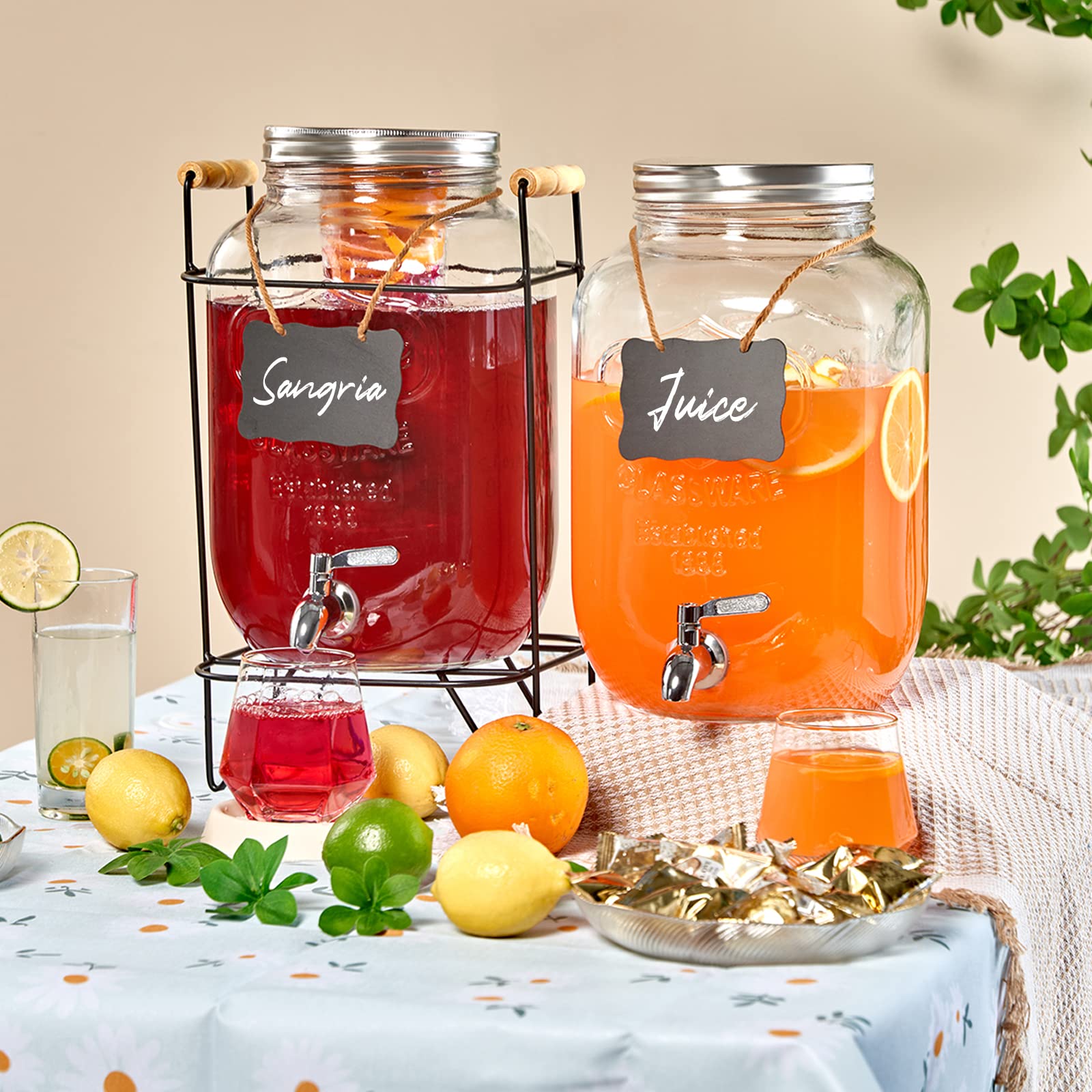 Hanaiette 2 Gallon Glass Beverage Dispenser for Parties, Leak-proof 304 Stainless Steel Spigot & Lid, Drink Dispensers Jar with Fruit Infuser, Suitable to Make Sun Tea, Lemonade, Kombucha et