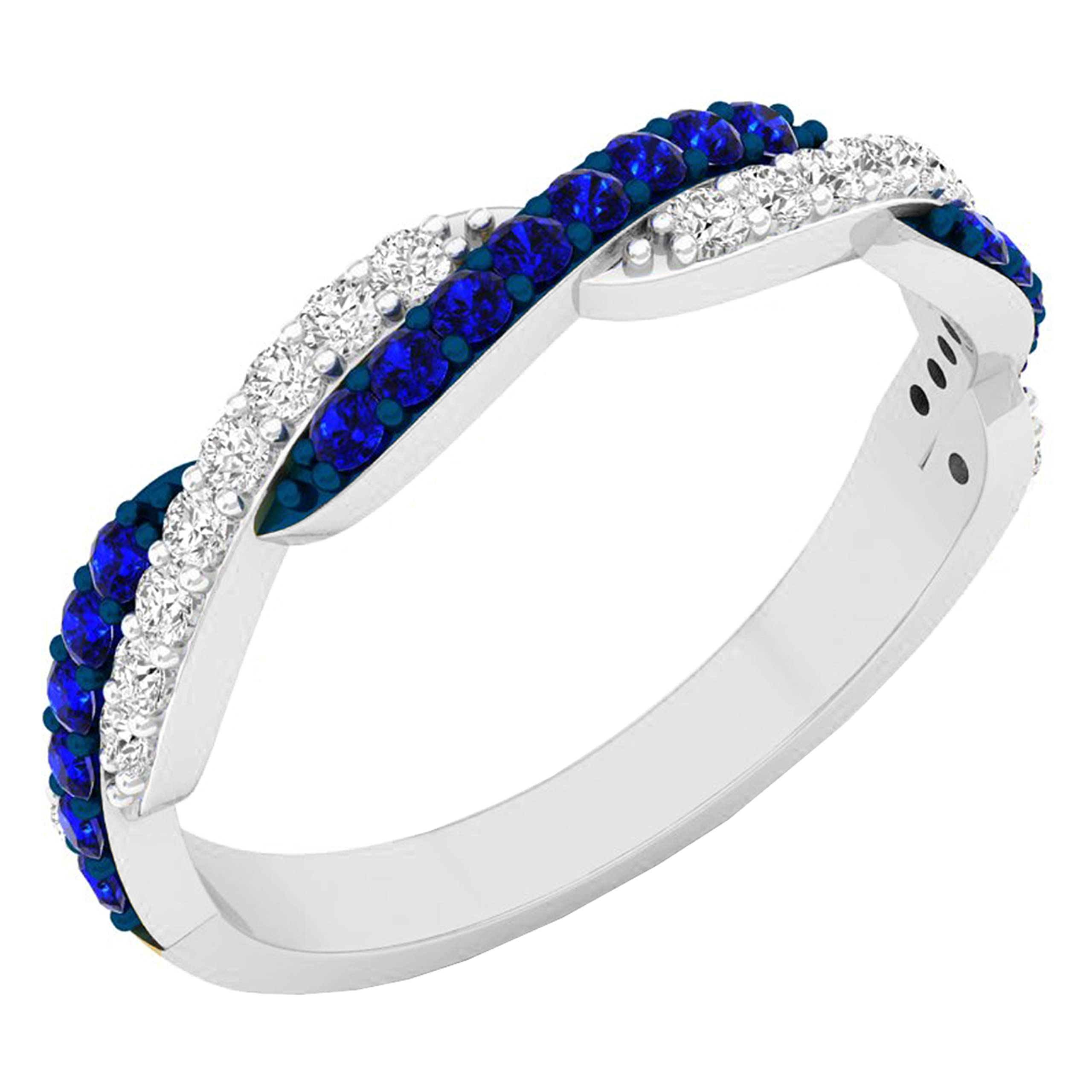 Dazzlingrock Collection 10K Round Blue Sapphire & Diamond Ladies Wedding Swirl Stackable Band, White Gold, Size 6