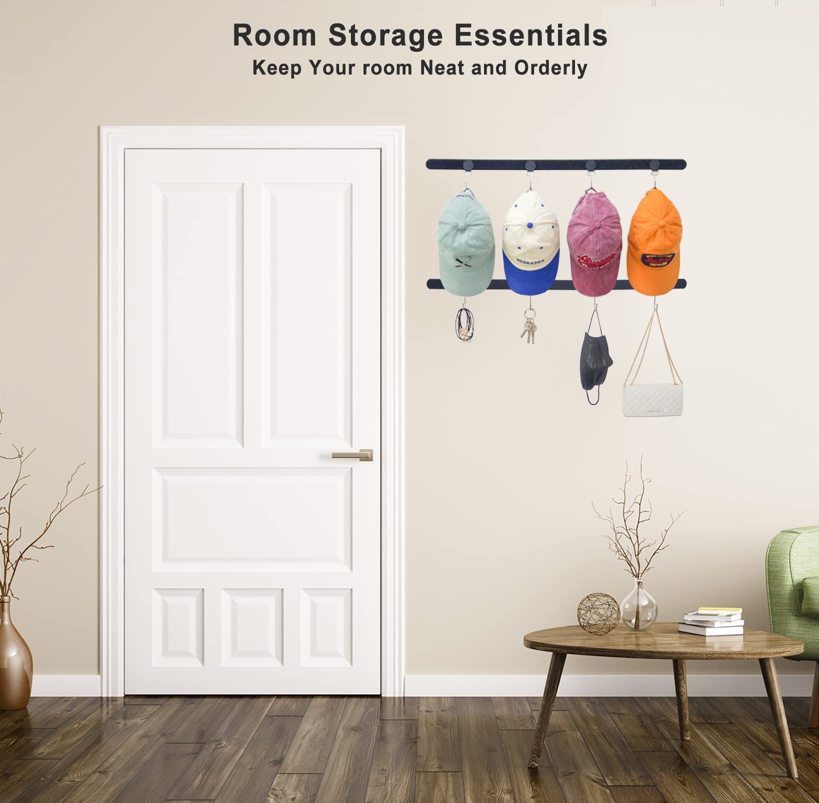 ETOWIFA Hat Organizer Rack for Baseball Caps [Up to 32 Caps] Hat Hanger Display for Wall and Over The Door Closet, Room/College Dorm Storage Holder - 2 Adhesive Straps and 8 Removable Hooks