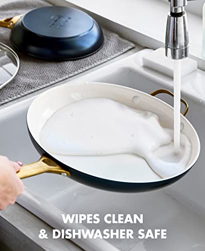 GreenPan Reserve Hard Anodized Healthy Ceramic Nonstick 12" Frying Pan Skillet with Helper Handle and Lid, Gold Handle, PFAS-Free, Dishwasher Safe, Oven Safe, Twilight Blue