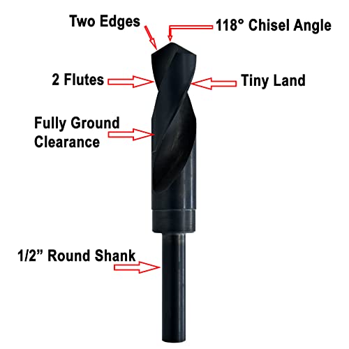 MAXTOOL 61/64" Silver and Deming Drill Bits HSS M2 S & D Drill Bits Prentice Twist Drills Black Oxide 1/2" Reduced Shank 6" OAL; SD02B00R061
