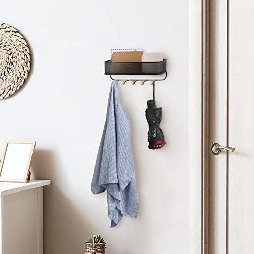Mail Organizer Wall Mount Key and Mail Holder for Wall Decorative with 5 Key Hooks Mail and Key Rack Hanger Metal Wire Mesh Storage Basket for Entryway Letters Magazine Bills Leashes Coat - Black