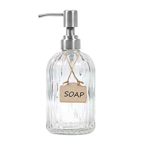Funly mee Bathroom and Kitchen Clear Glass Soap Dispenser with Vertical Stripe - 16 Oz, 304 Rustproof Stainless Steel Pump, Refillable Liquid Glass Soap Dispenser for Hand Soap, Dish Soap (Clear)