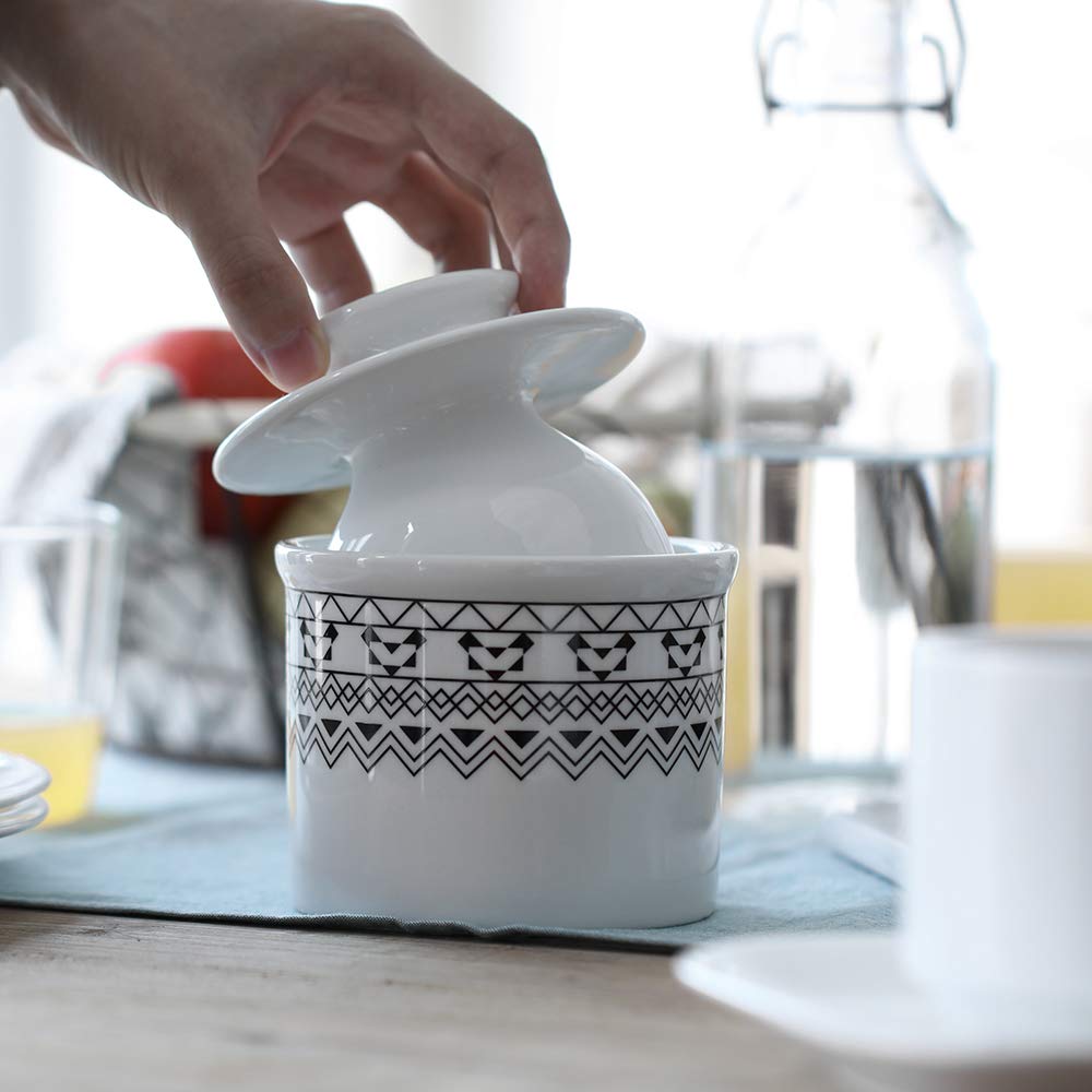 Dowan Butter Crock, Butter Keeper Crock, Keep Butter Soft & Fresh, Butter Crock with Water Line, Dishwasher Safe, French Butter Dish with Flat Lid for Serving, Modern Bohemian Design,unique thanksgivi