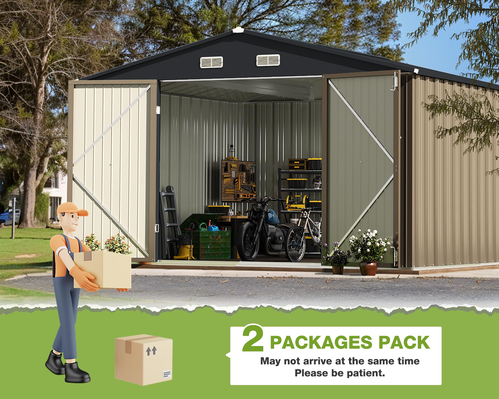 Greesum Outdoor Storage Shed 10 x 10 ft. Utility Tool Shed Metal Storage Garden Shed with Door & Lock for Patio Storage, Brown