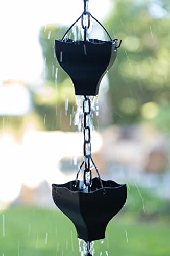 Jitane - Metal Rain Chains for Gutters - 8.75 Feet - Installation Kit Included - Rain Gutter Downspout Extension - Rain Water Catching System - Decorative Jewel Located at The Rain Chain Basin (Black)