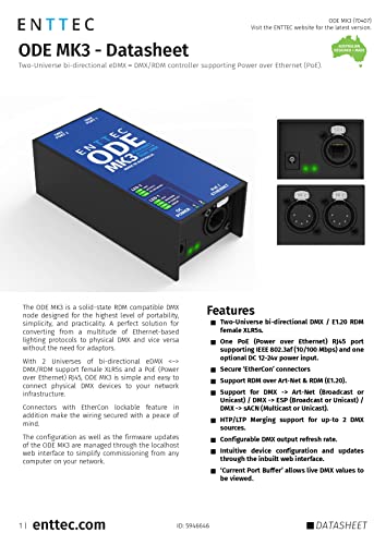 Enttec ODE Mk3 70407 POE 2 Universe Dual DMX / RDM Ethernet Converter Interface