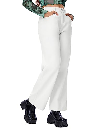 SweatyRocks Women's Casual Loose High Waist Solid Straight Wide Leg Jeans White Elastic Waist S