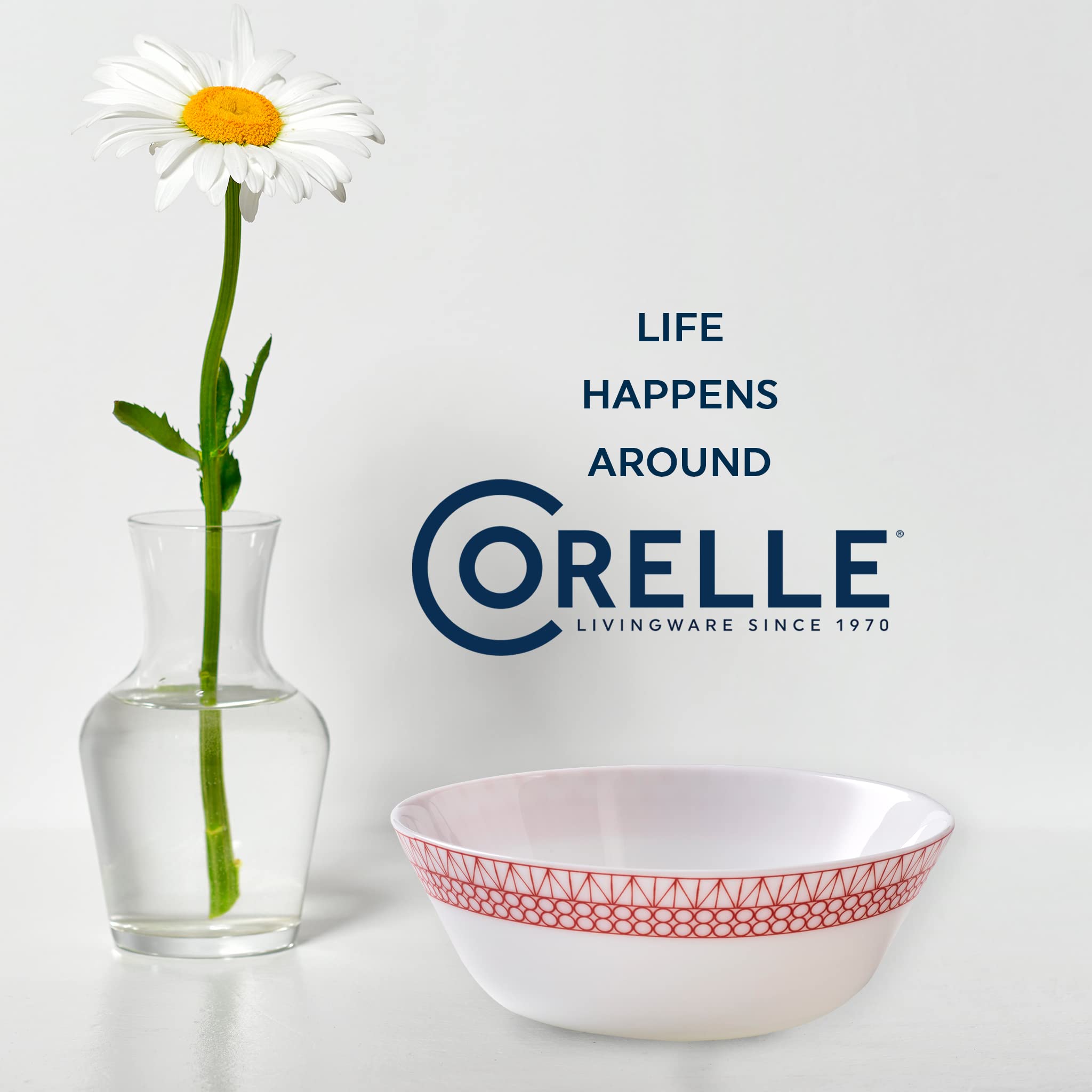 Corelle Everyday Expressions 4-Pc Soup/Cereal Bowls Set, Service for 4, Durable and Eco-Friendly 18-Oz Bowls, Higher Rim Glass Bowl Set, Microwave and Dishwasher Safe, Graphic Stitch