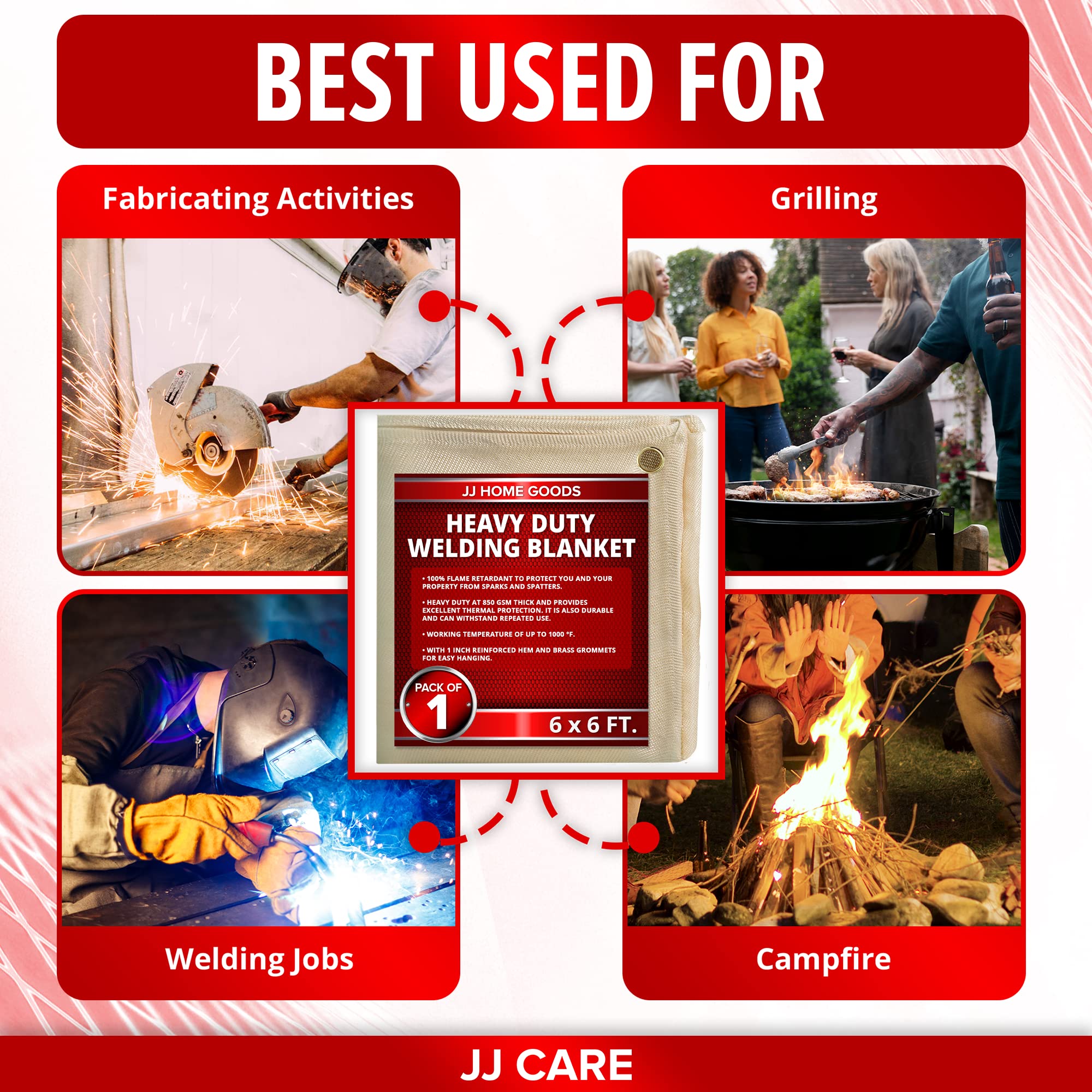 JJ CARE Welding Blanket - 1 Pack 6ft x 6ft Welding Mat - 850GSM Fiberglass Welding Blanket with Brass Grommets, Welders Blanket for Grill, Smoker Welding Blanket Heavy Duty, Welding Tarp & Shield