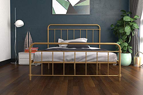 DHP Winston Metal Platform Bed with Rustic Design and Curved Edge Headboard and Footboard, Adjustable Base Height for Underbed Storage, No Box Spring Needed, Queen, Gold