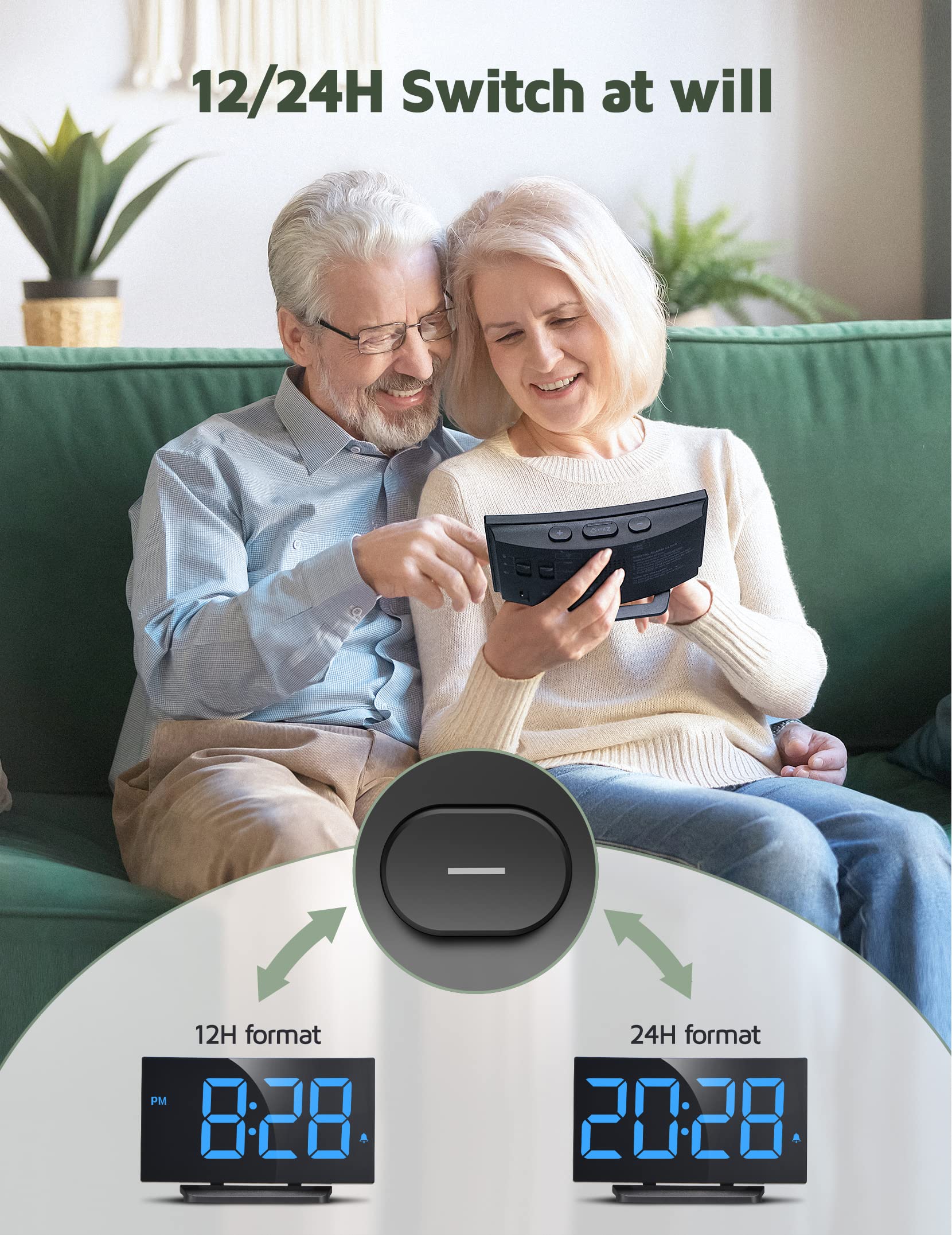Digital Clocks for Bedrooms, 6-Level Brightness and Large Display, Adjustable Alarm Volume and 3 Ringtones Alarm Clock, 9 MINS Snooze & 12/24H Format, Easy to Use Bedside Clock for Seniors Elders Kids