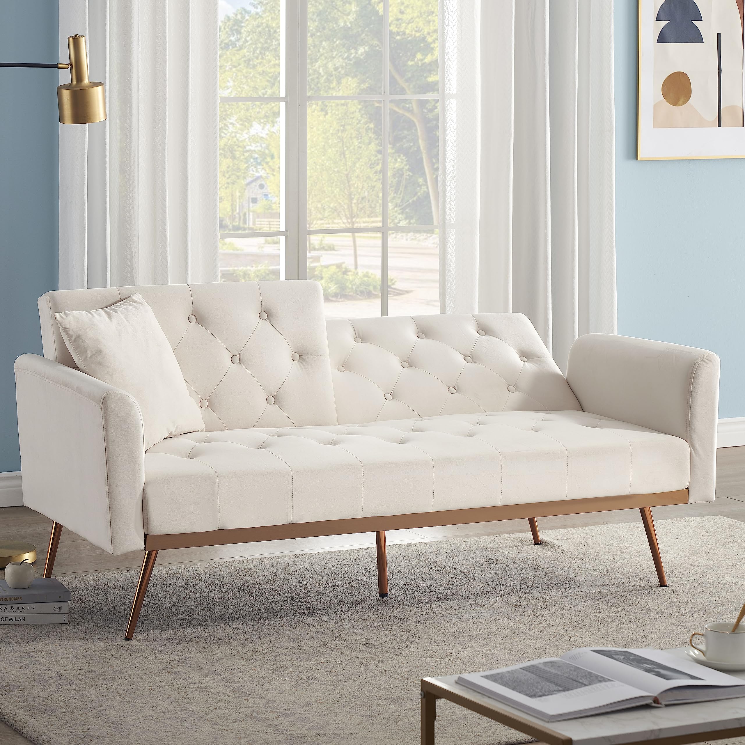 NoeBanJe Mid Century Modern Velvet LoveSeat Couches, Convertible Futon Sofa Bed with Metal Legs and Pillows, Adjustable Sleeper Sofa for Small Spaces, Bedroom Living Room (Beige)