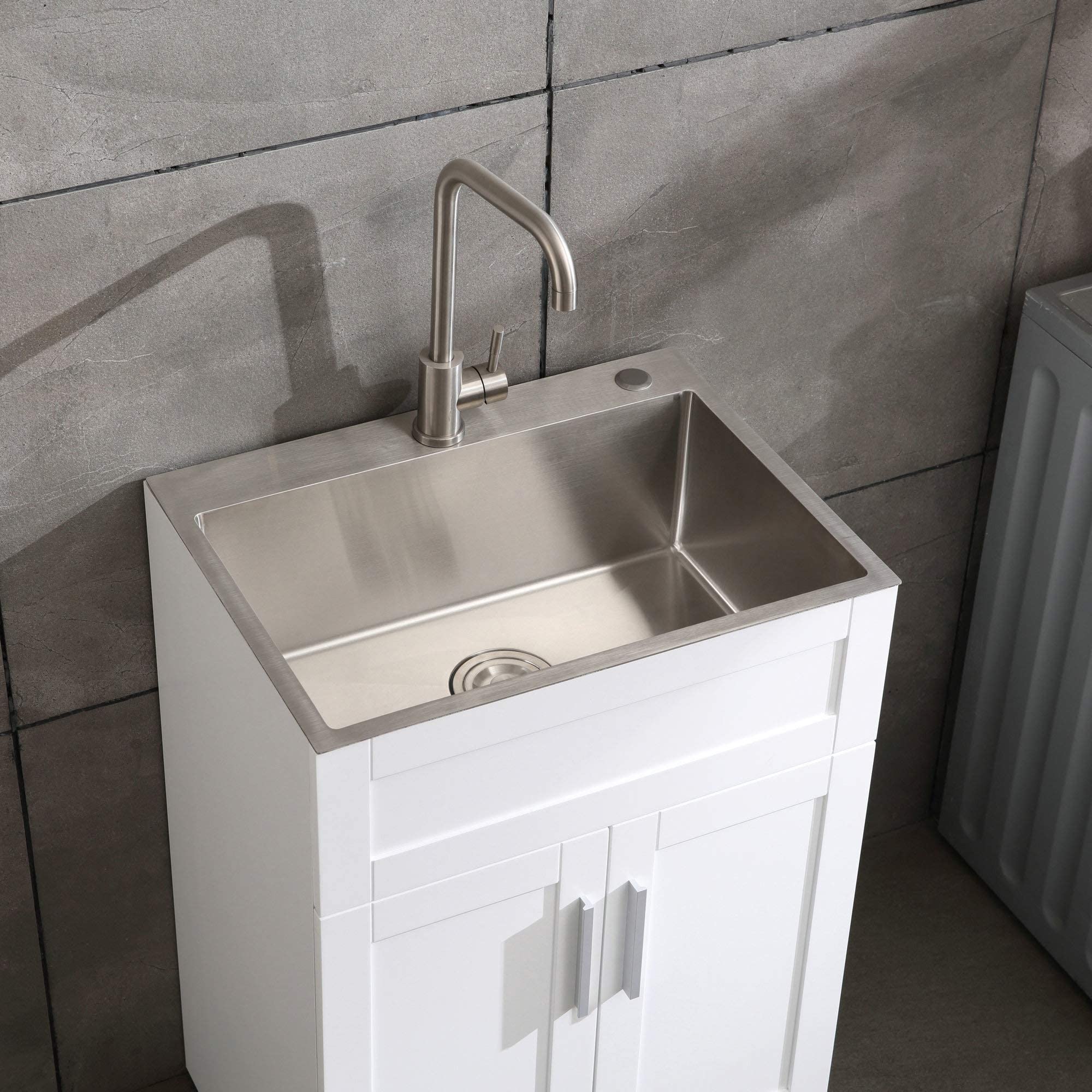Homecart 24" White Laundry Utility Cabinet w/Stainless Steel Sink and Faucet Combo