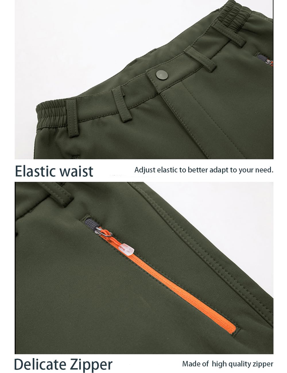 EKLENTSON Mens Work Pants Zipper Pockets Winter Cargo Softshell Mountain Pants Army Green