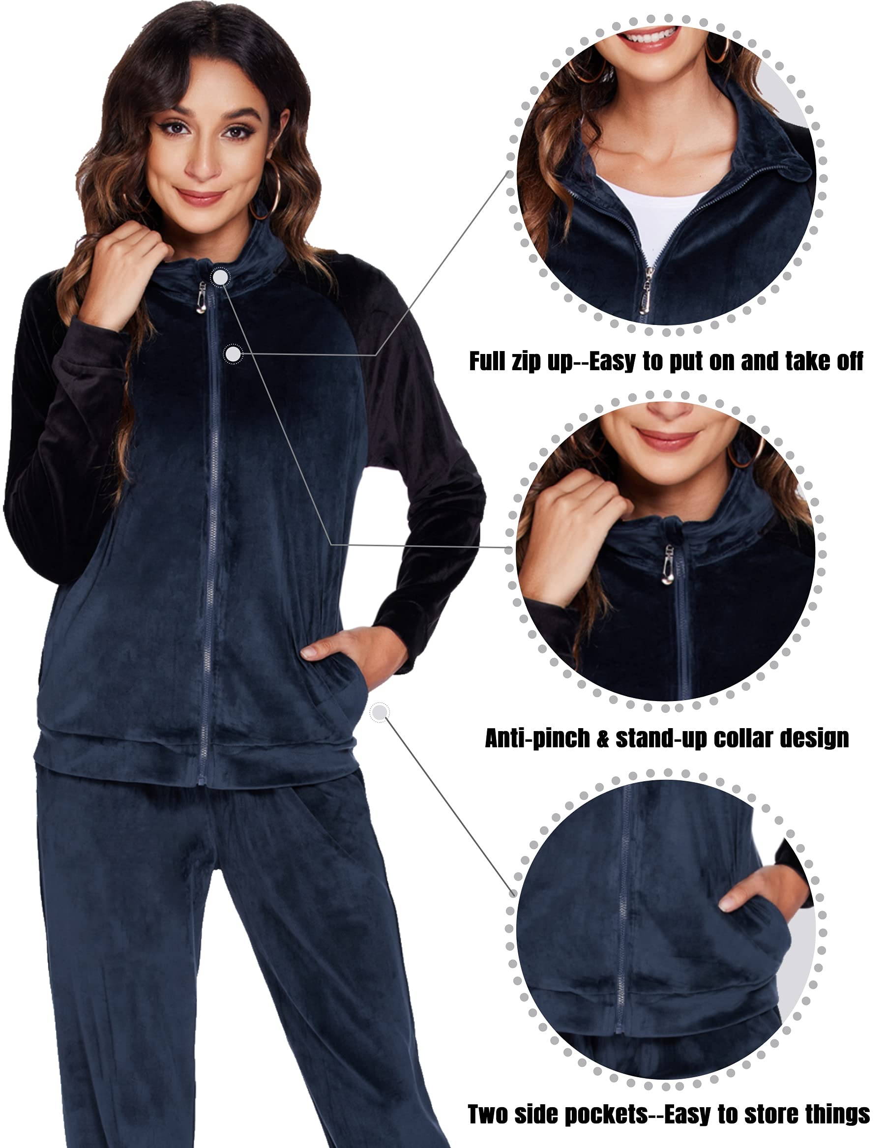 Ekouaer Women's Sweatsuit Set Velour Pocket Tracksuits 2 Piece Sweatshirt & Sweatpants Outfit Navy Blue L