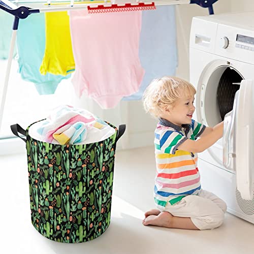 Green Cactus Laundry Basket Round Collapsible Storage Bin with Drawstring and Handle for Bedroom Bathroom Toys Room 17.3" X 13.8"