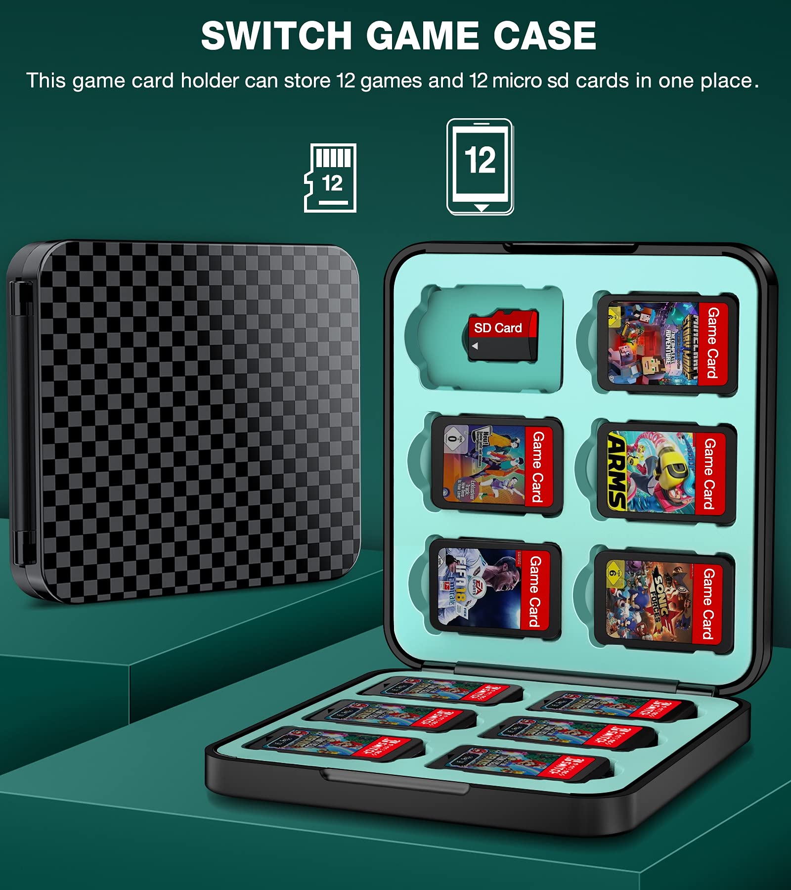 EUROA Switch Game Case Holder Compatible with Nintendo Switch Games Card and Storage 12 Switch Game Cartridge, Protective Hard Shell, Soft Lining Rubber and Portable Switch Game Holder - Black