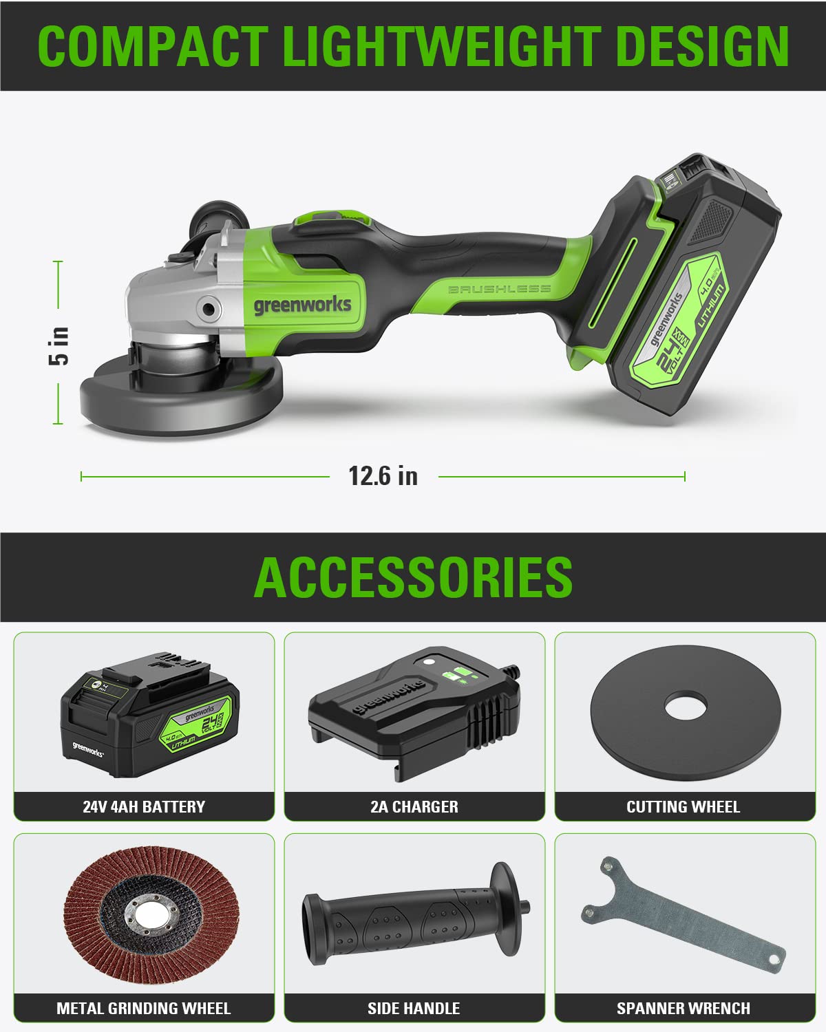 Greenworks 24V Angle Grinder Brushless Cordless, 4-1/2-Inch, with 4AH Battery and 2A Charger