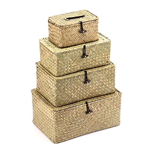 MoYouno Natural Seagrass Storage Baskets with Lid, Rectangular Seaweed Storage Boxes for Shelf Organizer, Handwoven Rattan Storage Bins for Home Decor, Set of 4, Light Green (Green)